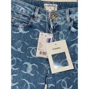 CHANEL | Jeans | Chanel 23b Runway Light Blue Denim White Cc Printed ...